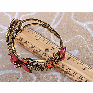 Alilang Womens Antique Golden Tone Red Rhinestone Floral Lily Poinsettia Flower Bangle Cuff Bracelet