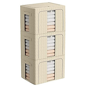 3 Pack Clothes Storage Bins Stackable Large Capacity Metal Frame Storage Box Large Capacity Foldable Oxford Fabric Clothes Container Organizer with Clear Window (Extra Large-100L, Beige)