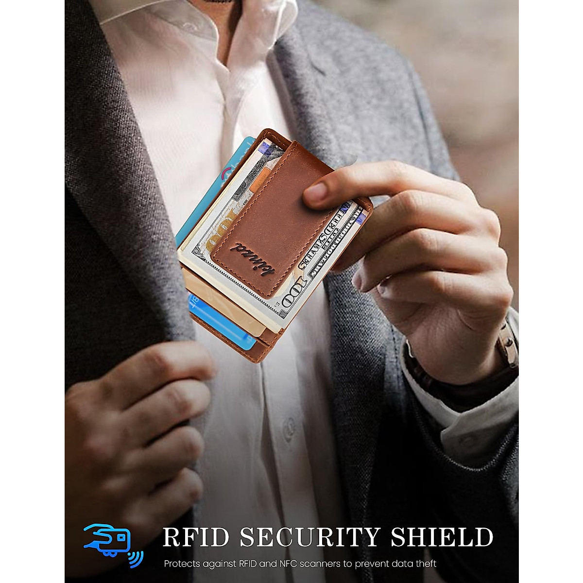 Money Clip, Front Pocket Wallet, Leather RFID Blocking Strong Magnet thin Wallet (one size,Khaki (Id Window Crazy Horse Leather))