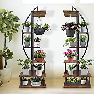 YIFOR 2 PCs 6 Tier Metal Plant Stand, Half Moon Plant Shelf Holder, Indoor Tall Ladder Plant Stand Large Plant Display Stand Rack for Living Room, Balcony, Patio, Garden