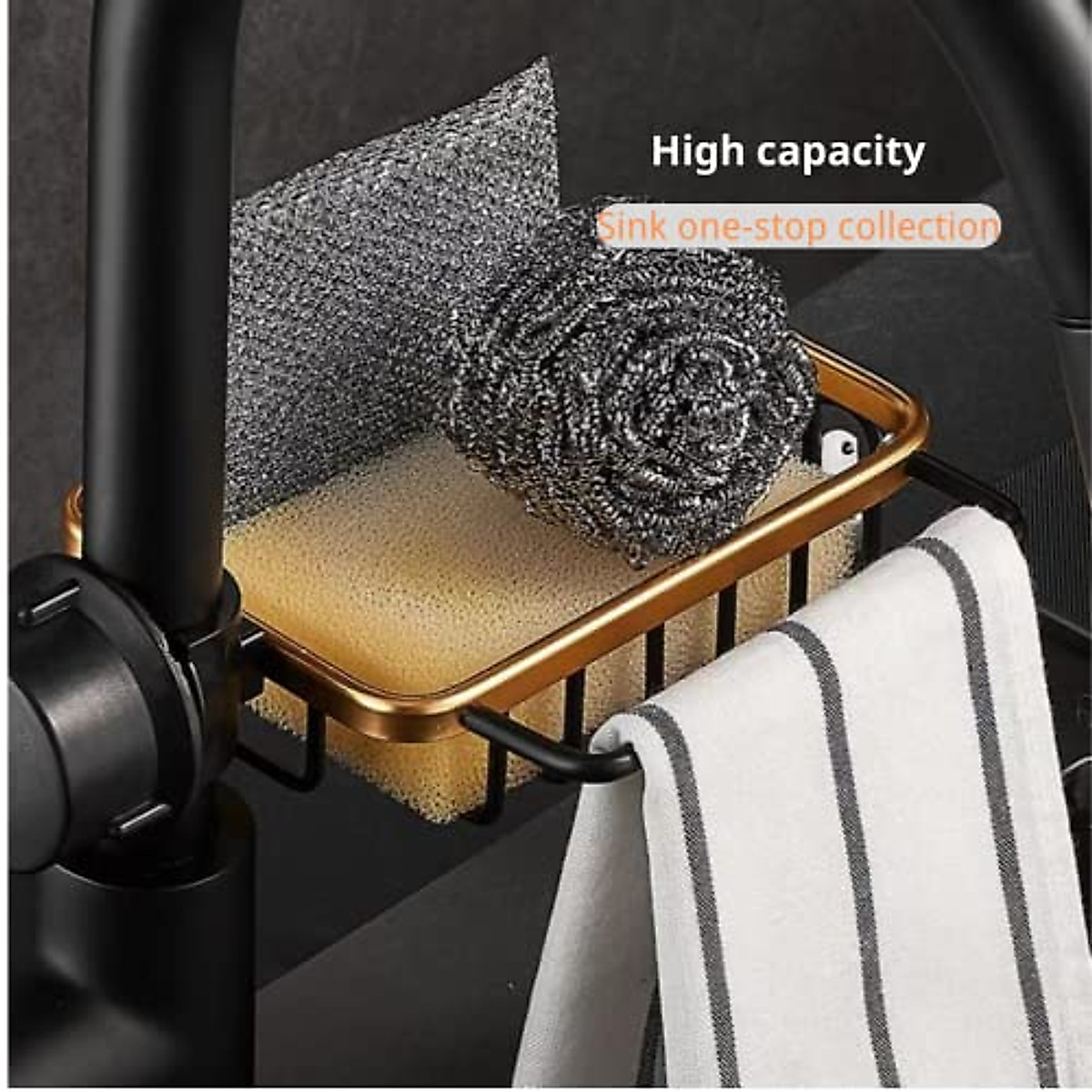 Kitchen Sink Rack Faucet Sponge Holder Over The Sink Organizer Faucet Rack with Hook，A Free Dishcloth Note：Round Pipe with Diameter 0.7-1.1 Inchs Can Be Used（Aluminum,Single Right Blackgolden）