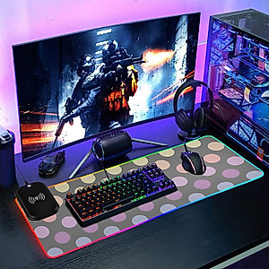 Polka Dot Wireless Charging Mouse Pad for Mobile Phone Extra Large Gaming Mousepad with 13 Lighting Modes Keyboard Mat for Office Home Gaming MacBook PC Laptop Desk