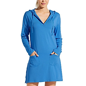 Willit Women's Long Sleeve Cotton Swim Cover Up UPF 50+ SPF Dress Hooded with Pockets Sun Protection Beach Coverup Brilliant Blue M