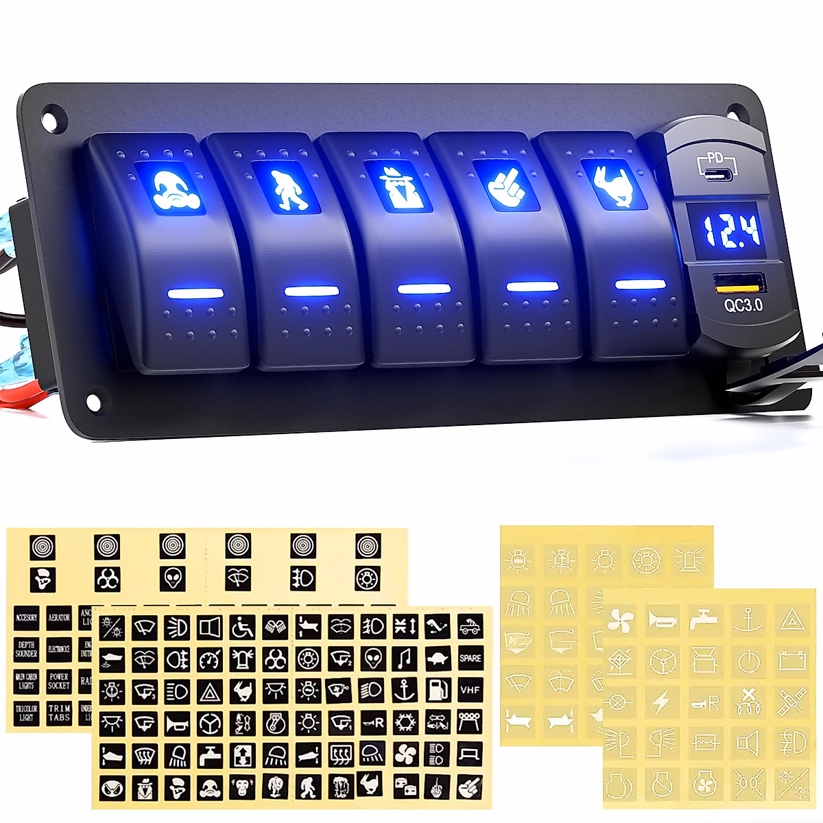 Okerny Rocker Switch Panel 5 Gang+ PD Quick Charge + 3.0 USB + Voltmeter Pre-Wired Aluminum Panel Toggle Switches for Automotive Car Marine Boat RV ATV UTV RZR Off Road…