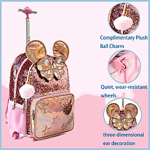 ZBAOGTW Rolling Backpack for Girls Backpack with Wheels Lunch Box and Pencil Bag Adjustable Length Sequins Wheeled Backpack for School Travel Picnic