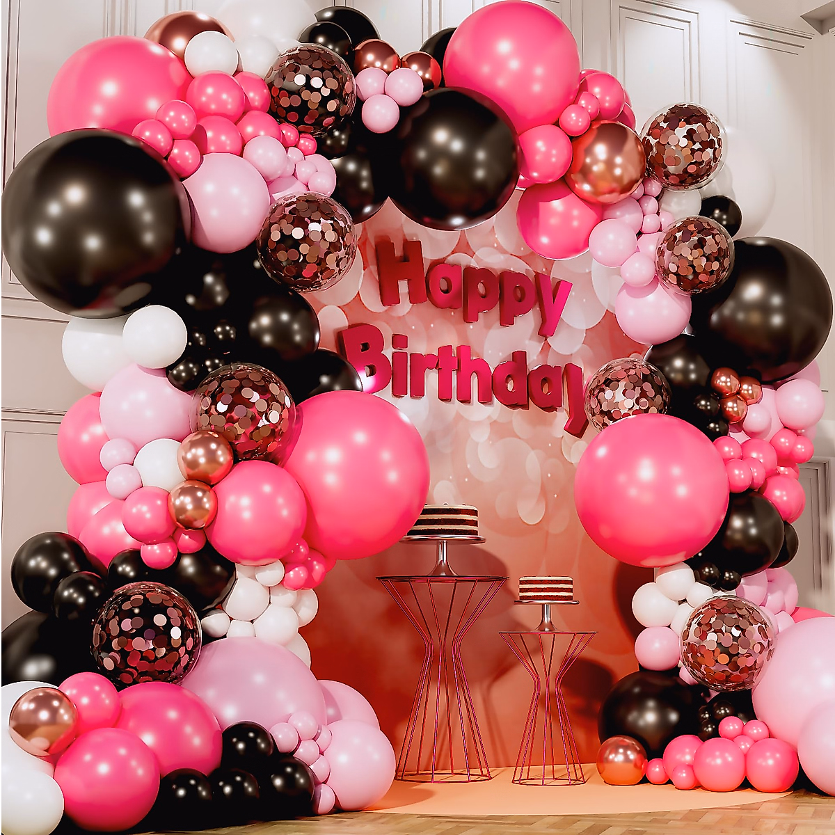 ALL-IN-1 Pink Black and White Balloons Garland & Arch Kit – Small and Large White, Black and Pink balloons – Hot Pink and Black Party Decorations for Birthday, Boss Baby, Mean Girls, Barbie, Minnie