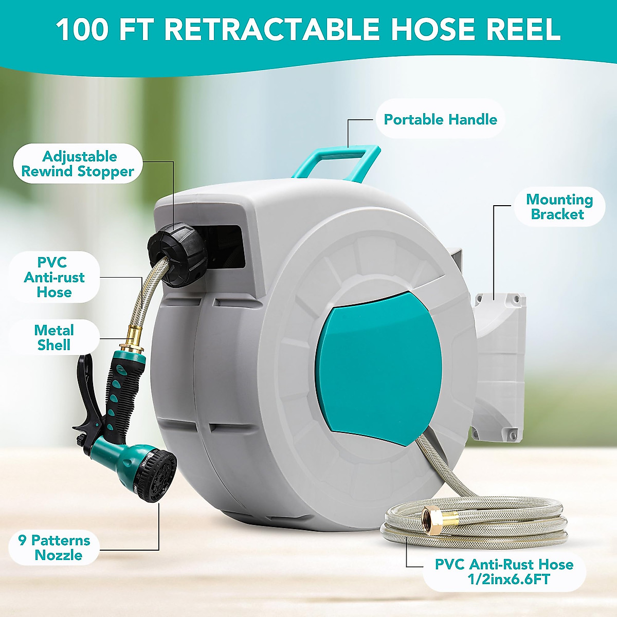 IDEALHOUSE Retractable Garden Hose Reel, 1/2 in x 100 ft Wall-mounted Hose Reel, with 9- Function Sprayer Nozzle, Any Length Lock/180° Swivel Bracket/Automatic Rewind/Slow Return System/Easy Watering
