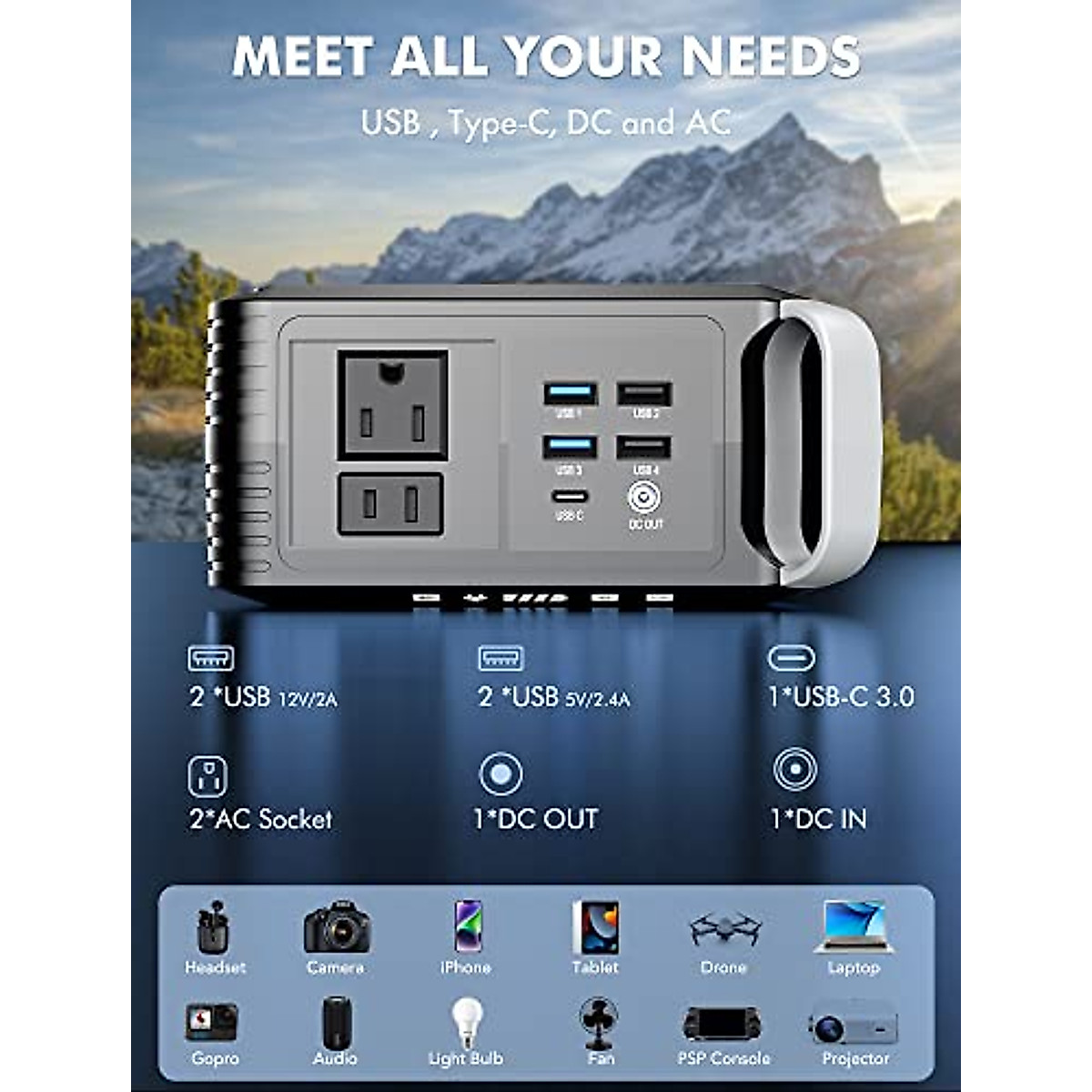 MARBERO Portable Power Bank with AC Outlet, Peak 120W/110V Portable Laptop Battery Bank, 24000mAh Charger Power Supply with AC Outlet, Power Station for Outdoor Tent Camping Home Office Emergency