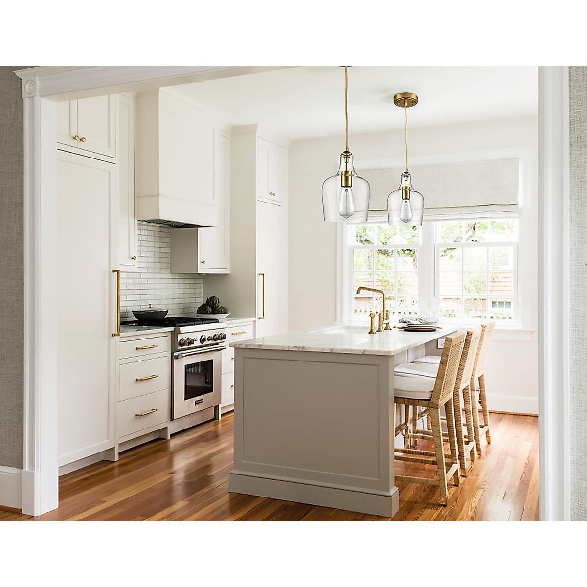 HYDELITE Modern Brushed Gold Pendant Light Fixtures Clear Glass Adjustable Cord Hanging Light for Living Room Kitchen Island Chandelier with Bell Shape