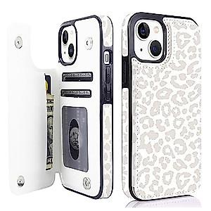 uCOLOR Flip Leather Wallet Case Card Holder Compatible with iPhone 13 6.1 iPhone 14 6.1 Women and Girls with Card Holder Kickstand (Beige Leopard)