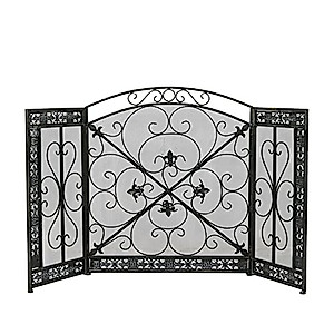 Deco 79 Metal Scroll Fireplace Screen Foldable Arched 3 Panel with Fleur De Lis Accents, 52" x 1" x 31", Black
