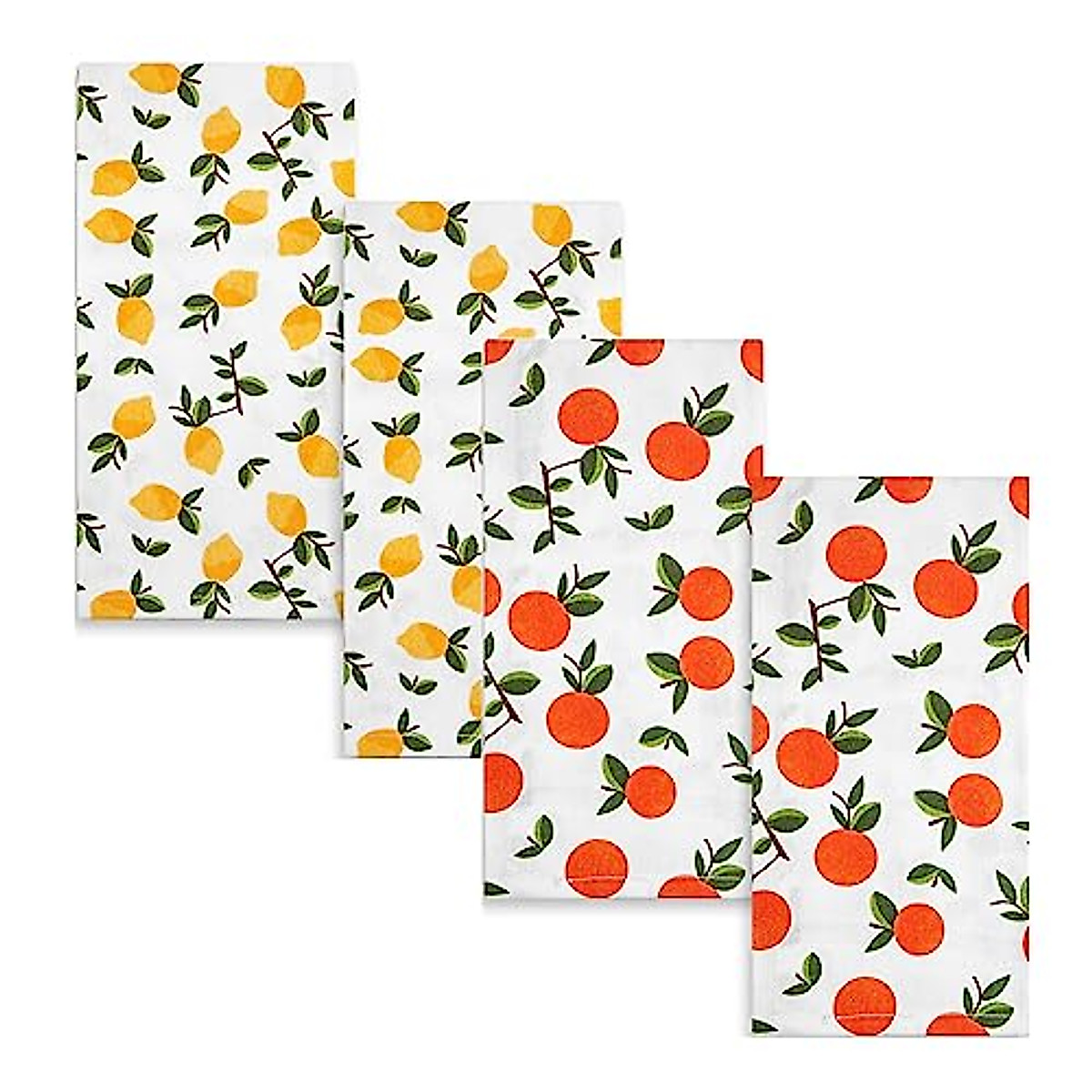 GMIcréatifs 4 Pack, 100% White Cotton Kitchen Hand Towel, Tea Towels, Dish Towels, Bar Towels, 2 Citrus Lemons Prints and 2 Citrus Oranges Prints, 24”x 16" Inches