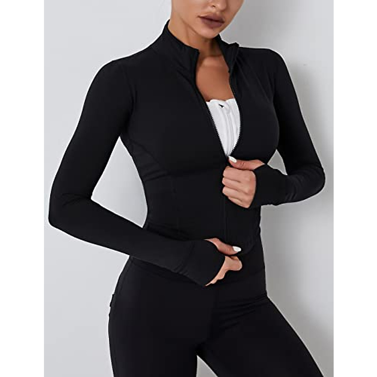 Fenclushy Womens Cropped Slim Athletic Yoga Workout Track Sports Zip Up Jacket with Thumb Holes(Black,M)