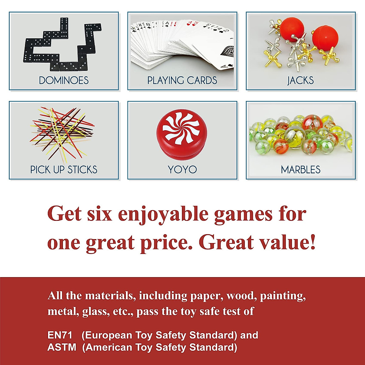 GOTHINK 6-in-1 Classic Games Set, Double 6 Dominoes, Pick Up Sticks, Playing Card, Marbles, Jacks, YO-YO Board Games for Kids Families Classroom Party Birthday