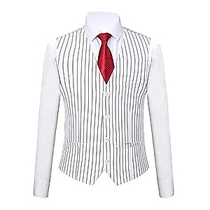 Mens 3 Piece Pinstripe Suit Slim Fit Casual Dress Suits Blazer + Vest + Pants US Size 38 (Asian Size 3XL) White
