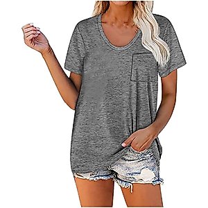 wodceeke Short Sleeve V-neck Plain T-shirt For Women Casual Loose Basic Tee Summer Sports Blouse Tops (Gray, XL)