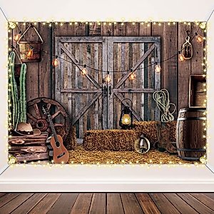 7 x 5 Ft Western Cowboy Backdrop Western Party Supplies Decorations Wild West Decor Rustic Wooden House Barn Photography Background for Kids Boy Children Boy Baby Birthday Banner Photo Booth