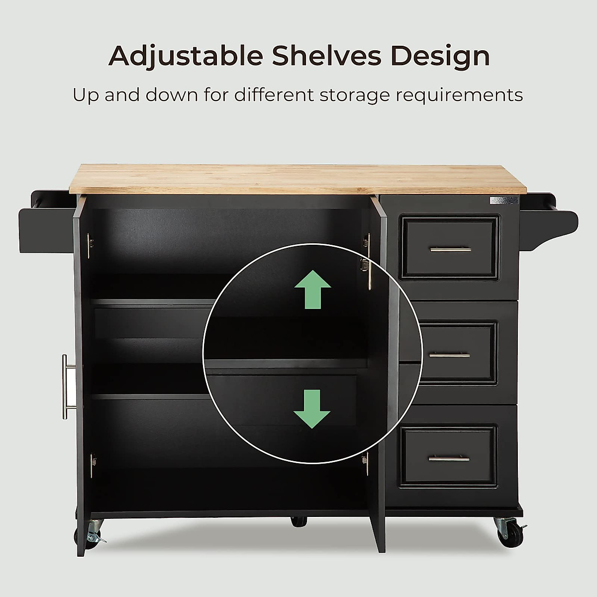 Unovivy Large Kitchen Island Cart with Drop Leaf, Kitchen Island with Storage, Rolling Kitchen Island with Adjustable Shelf Inside Cabinet, 3 Drawers, Spice Rack, Towel Rack and Wood Table Top