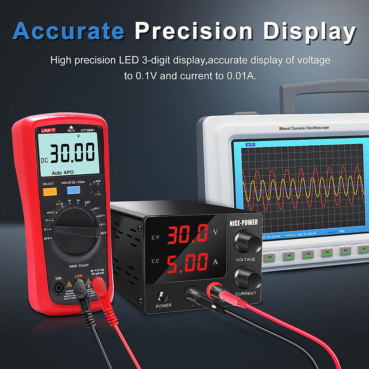 NICE-POWER DC Power Supply Variable, 30V 5A Adjustable Switching Regulated Power Supply with Encoder, Upgraded 3-Digits LED Display, Mini Regulated DC Bench Power Supply