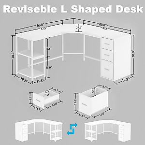 LVB White L Shaped Corner Desk with Drawers, Reversible Modern L-Shaped Computer Desk with Storage Cabinet Shelves, Large Wood L Shape Home Office Desk Table for Work Study Writing Gaming, 60 Inch