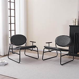 Tiophome Accent Metal Frame, PU Leather Upholstered Comfy Oval Back with Lattic, Side Leisure Lounge Arm Chairs Armchairs for Living Room, Bedroom, Black, Extra Large