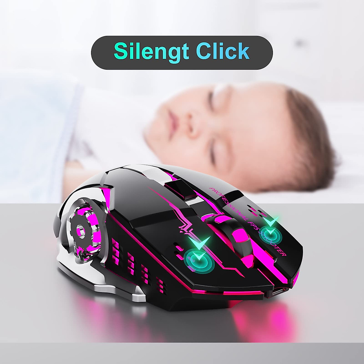 QELIROKY New 2.4G Wireless Rechargeable Gaming Mouse Silent Click with 6 Buttons, 3 Adjustable Levels DPI, Colorful LED Lights for Laptop, iPad, MacOS, PC, Windows, Android (Black)