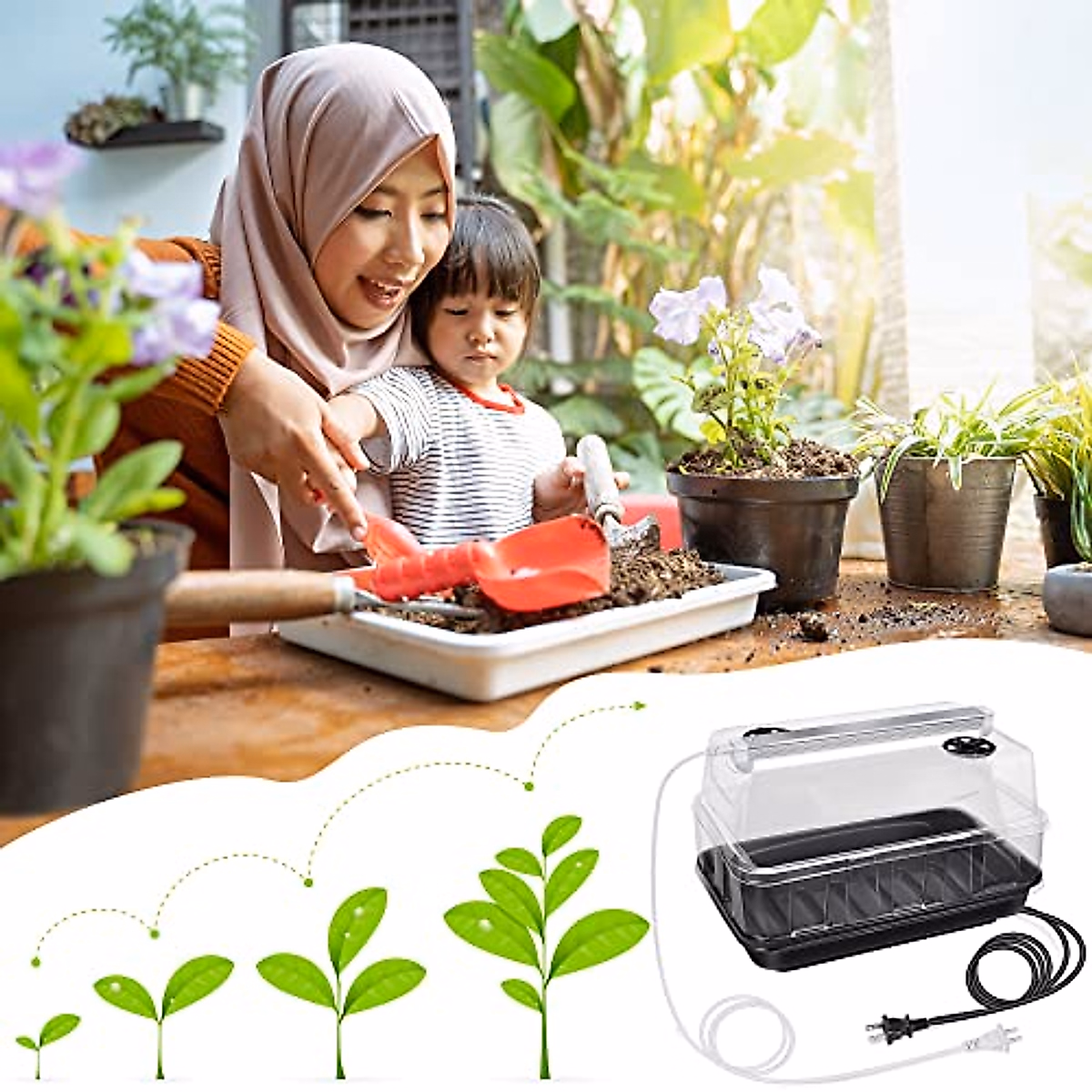 Seed Starter Tray with T8 Grow Light, Seedling Heat Tray Mini Greenhouse with 15'' Humidity Domes and Height Extension, Plant Sprouting Germination Propagation Kit Indoor Gardening Supplies