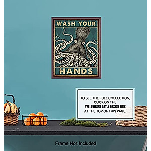 Octopus Nautical Bathroom Wall Art & Decor - Funny Beach Bathroom Decor - Bath Wall Decor - Cute Unique Bathroom Pictures Decorations Poster - Wash Your Hands Sign - Guest Bathroom - Powder Room