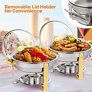 ROVSUN 5QT 4 Packs Chafing Dish Buffet Set Gold Accent, NSF Round Stainless Steel Buffet Warmer Chafers and Warmers Sets with Glass Lid & Lid Holder for Catering Events Parties Weddings Dinners