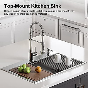 HOROW 33 inch Drop In Workstation Kitchen Sink, 18 Gauge Topmount Drop In Sink for Kitchen, sus 304 Stainless Steel Sink with 2 holes, Deep Single Bowl Kitchen Sink with Accessories, 33"x22"x10"