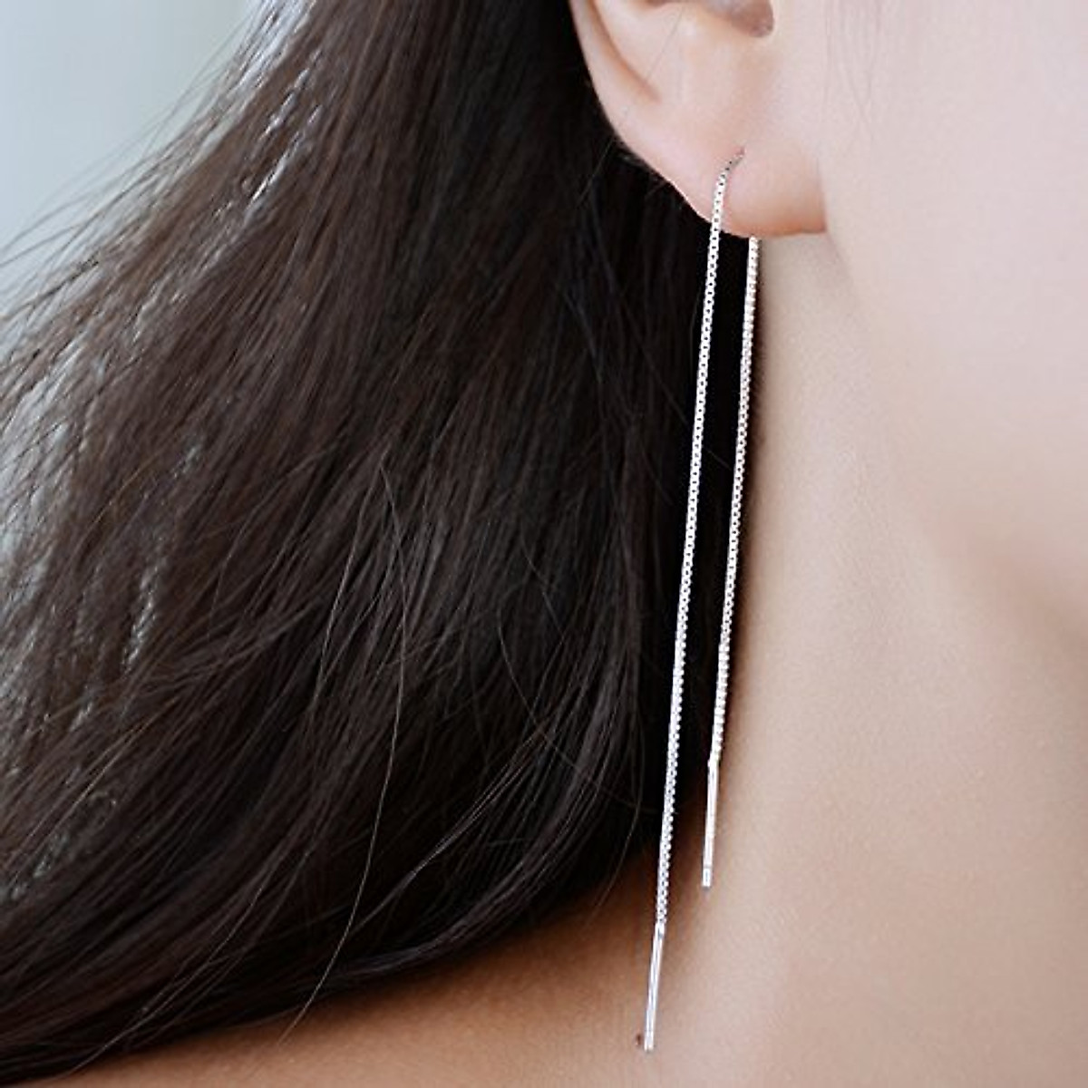 A Pair 925 Sterling Silver Tassel Threader Drop Earrings Long Chain Ear Line (silvery)