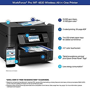 Epson Workforce Pro WF-4830 All-in-One Wireless Color Inkjet Printer, Black - Print Scan Copy Fax - 25 ppm, 4800 x 2400 dpi, Auto Duplex Printing, 50-Sheet ADF, 500-Sheet, 4.3" Touchscreen, Ethernet