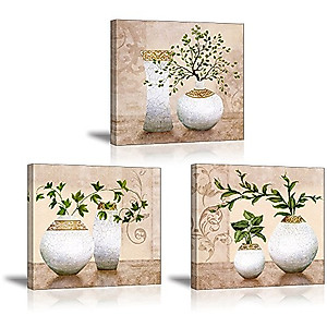 3 Piece Wall Art for Bathroom/Hallway, SZ HD Elegant Canvas Painting Prints of Green Spring Plants in Vases on Beige/Tan Picture (Waterproof Decor, 1" Thick, Bracket Mounted Ready to Hang)