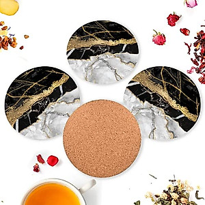 4Pcs Absorbent Drink Coasters Black Gold Grey Marble Pattern Round Coaster with Cork Backing Non-Slip for Home Office 4in