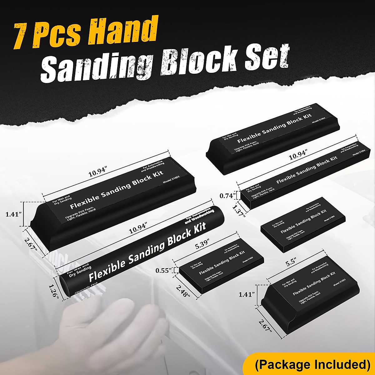 Sanding Block Kit 7 Piece - Flexible EVA Foam Wet or Dry Auto Body Hand Sanding Blocks Kit for Automotive Car Wood Bodywork