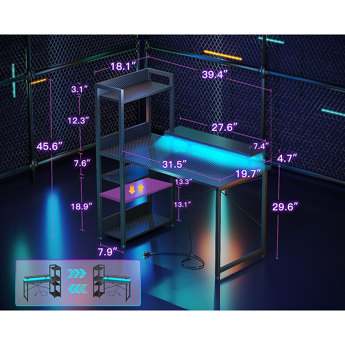 ODK Reversible Gaming Desk with USB Charging Port and LED Lights, 40 Inch Computer Desk with Storage Shelves & Monitor Stand, Study Table for Home Office, Small Space Bedroom, Carbon Fiber Black