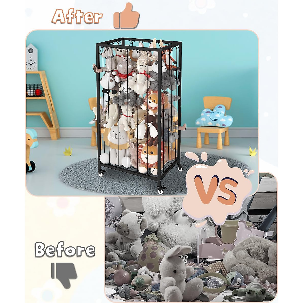 Ardier Stuffed Animal Storage Organizer with Wheels, Stuffed Animal Zoo Shelf with Elastic Rope for Nursery, Play Room, Bedroom, Kids Plush Toy Holder for Boys and Girls, Black.