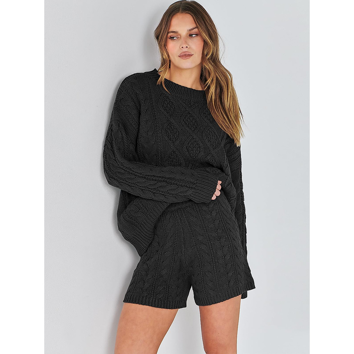 ANRABESS Women 2 Piece Outfits Sweater Lounge Loungewear Sets Fall Cable Knit Oversized Sweaters Short Pants Matching Sets Black Small