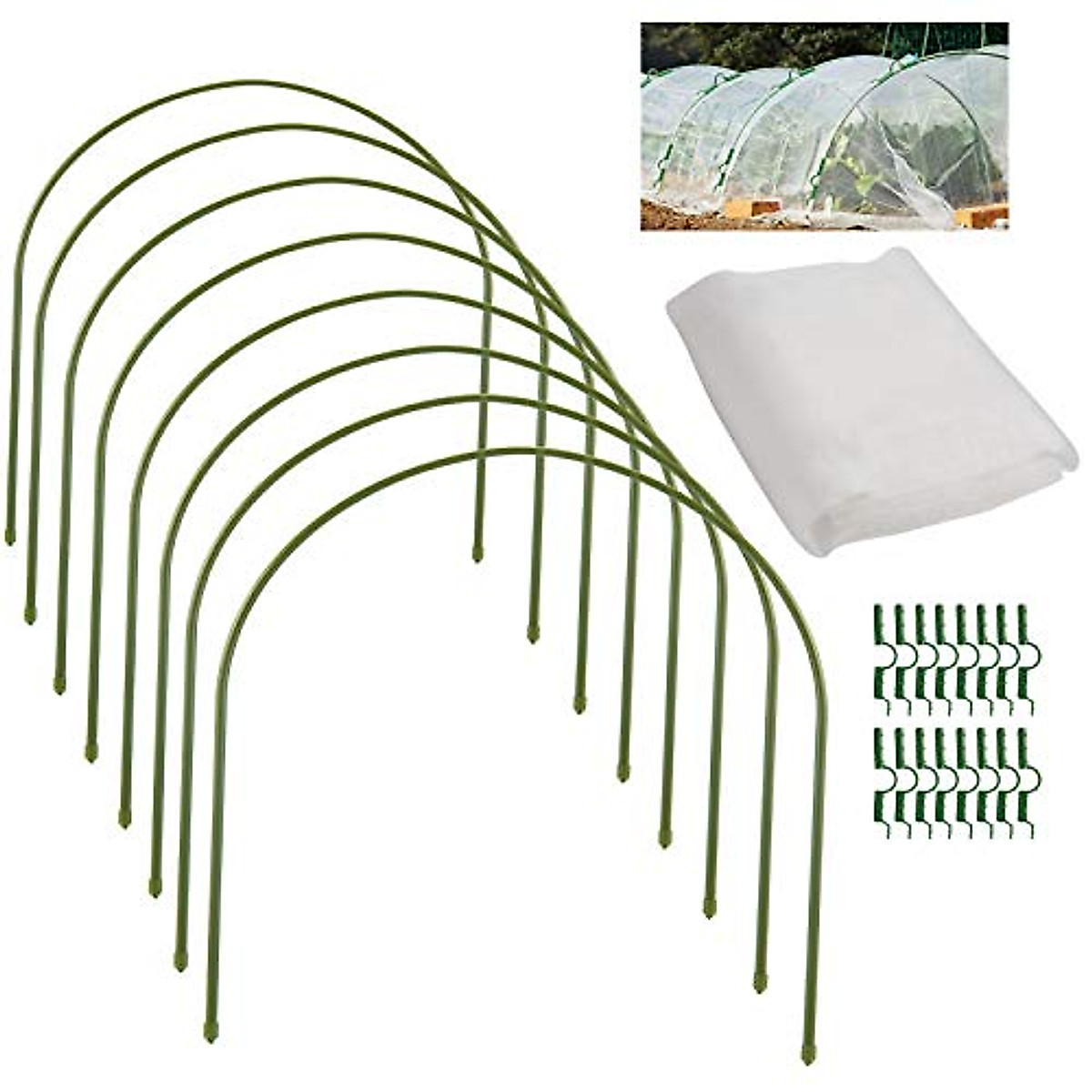 Greenhouse Hoop Kit, 8pcs 20"x 16.7" Garden Hoops for Raised Beds, 6.6ft x 13ft Plant Cover Netting with Clamps Clips, Rust Free Steel Grow Tunnel Support Frame for Outdoor Farm Low Growing Plant