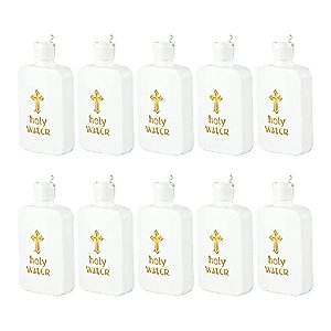 IUASZZ 10 Pieces Holy Water Bottles White with Gold Blocking Logo Religious Easter Plastic Bottle for Home Kitchen Party Decorative Accessories 3.4oz