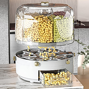 Rice and Grain Storage Container, 6KG Capacity 6 Grid Rice Dispenser, 360° Rotatable Food Storage Container, One Click Button Dry Food Storage Box Rice Bucket for Cereal, Grain, Beans(White)