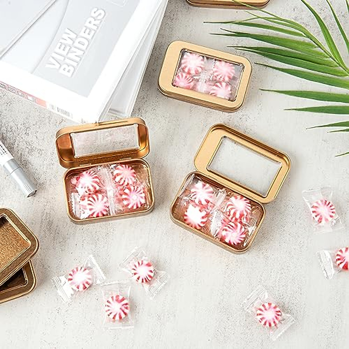 Restaurantware RW Base 4.5 Ounce Rectangular Tin Containers 10 Durable Tin Boxes With Lids - Clear Window Lids Rounded Edges Gold Tin Storage Containers Customizable Fits Mints Or Pills