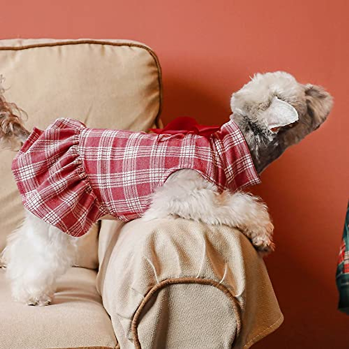 Fitwarm Dog Christmas Outfit, Winter Dog Dress, Dog Clothes for Small Dogs Girl, Turtleneck Plaid Pet Costume, Cat Apparel, Red, XXS