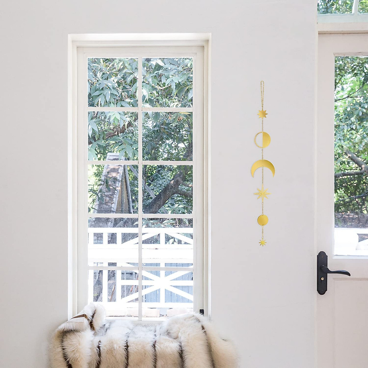 Dahey Moon Phase Wall Hanging Boho Decor Star Wall Art Garlands Metal Cycle Ornament Vertical Bohemian Home Decoration for Bedroom, Living Room, Apartment or Dorm, Gold