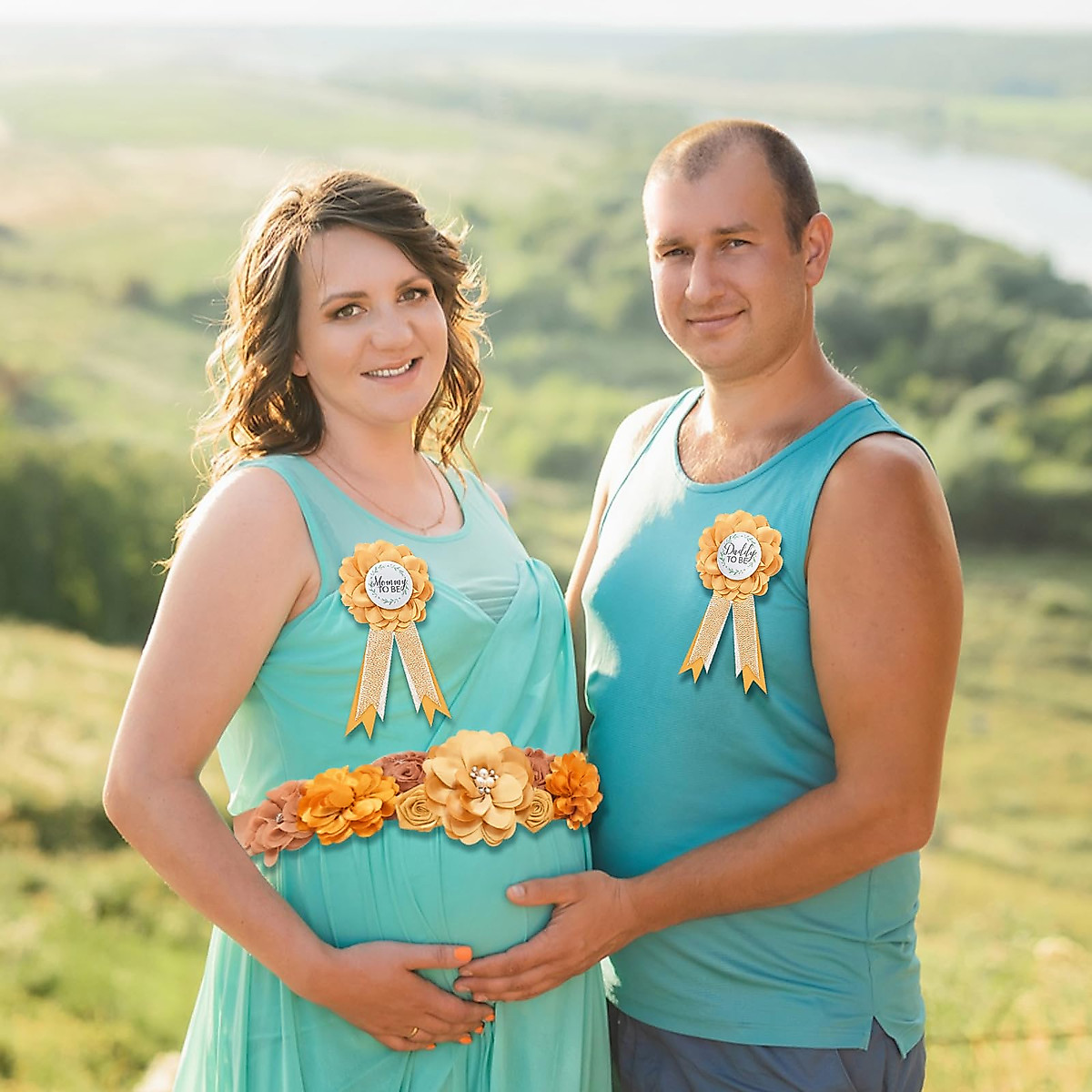 SKJIAYEE Gold Brown Maternity Sash Baby Shower Decorations, Mom to Be & Daddy to Be Corsage for Gender Reveal Party Supplies Belly Belt Gift Keepsake Pregnancy Photo Props (Pure Handmade)