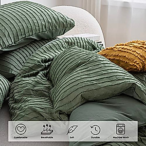 JELLYMONI Green Duvet Cover King Size - 3PCS Microfiber , Boho Striped Tufted Textured Duvet Cover with Corner Ties & Zipper Closure