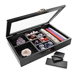 Mooncraftlogy Adjustable Rock Display Case, Crystal Collection Box with Shelves, Wood Witchy Stones Organizer Storage,Gem Holder with Lid for Seashell, Collectibles, Wiccan Gift for Women (Black)
