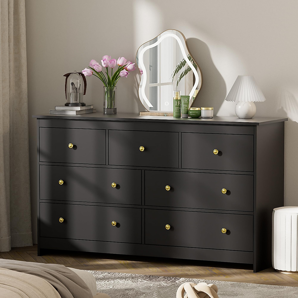 55'' Black Dresser for Bedroom, 7 Deep Drawer Large Wood Dresser with Gold Handles, Modern Wide Storage Dressers & Chests of Drawers for Entryway, Hallway