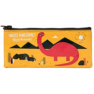 Blue Q Pencil Case ~ Who's Awesome? You're Awesome! (Dinosaur with Dimples). Hefty Zipper, Easy-to-Rinse-Clean, 95% Recycled Material. Store Makeup, Chargers, Coupons, Pencils. 4.25"h x 8.5"w