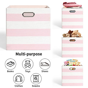 13x13 Collapsible Storage Bins, Cubby Storage Boxes with Handles for Organizing Shelf Closet, Offices, Home Decor, 4 Pack, Pink-white Stripes